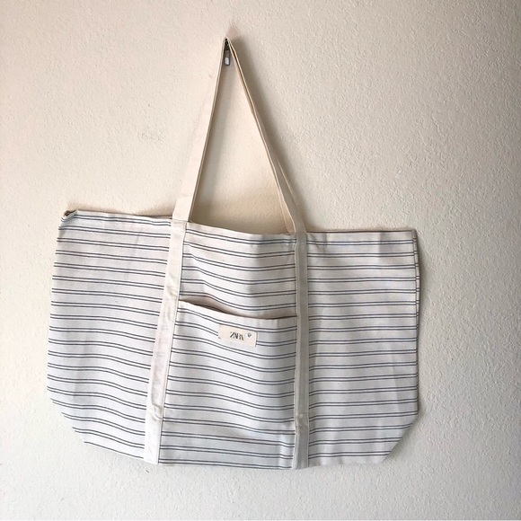 Zara | Bags | Zara Ecofriendly Cream And Denim Blue Horizontal Lines ...